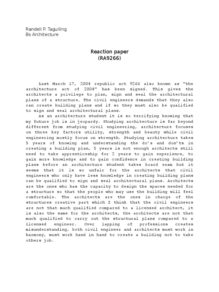 Reaction Paper Ra9266 (Prof Prac1) | PDF