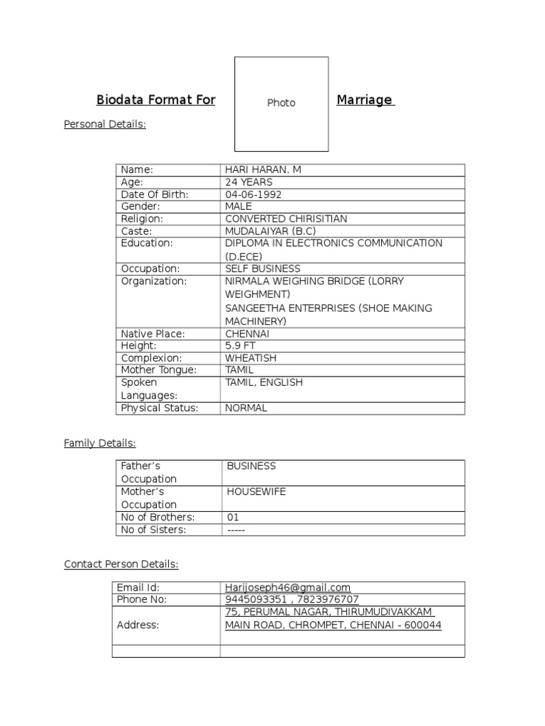 Indian Marriage Biodata Format With Photo | PDF | Human Communication ...