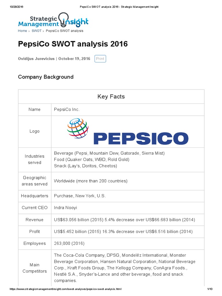 PepsiCo SWOT Analysis 2016 - Final | Pepsi Co | Brand
