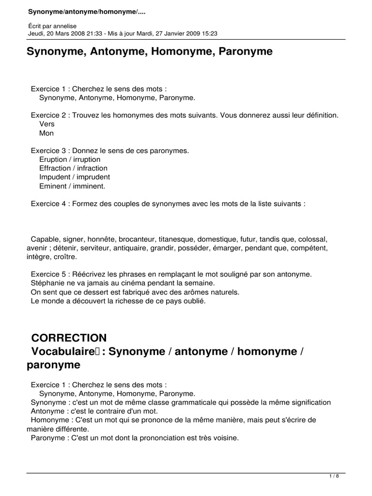 Exercices sur synonymes et antonymes | PDF | Lecture (Processus) | Lexique