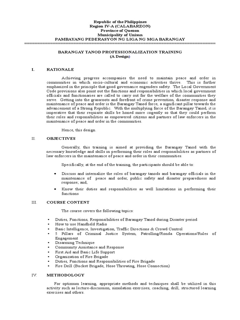 Barangay Tanod Training Program Design | PDF | Public Sphere | Social ...