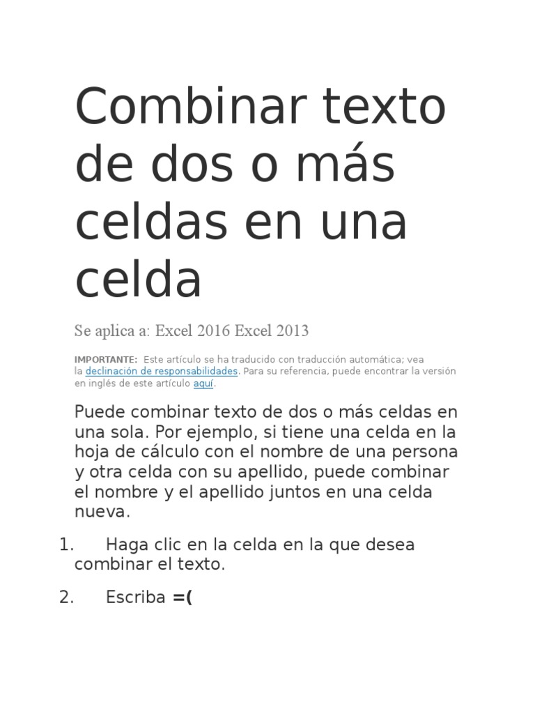 Combinar Texto de Dos o Más Celdas en Una Celda | PDF | Microsoft Excel | Hoja de cálculo