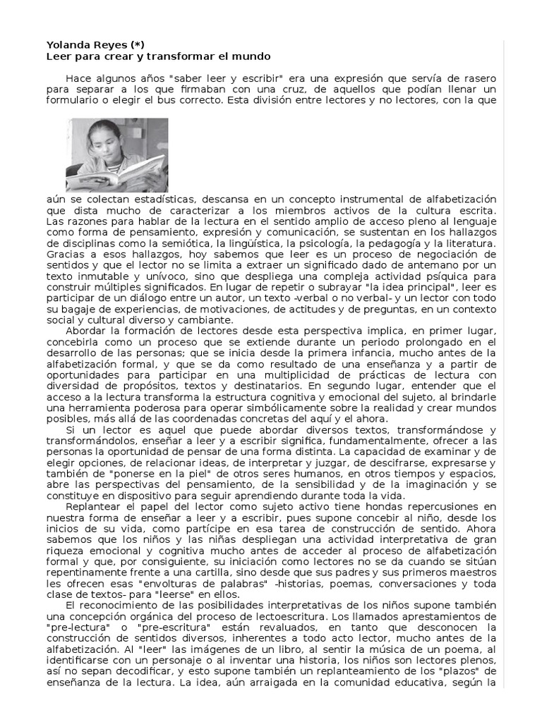 Yolanda Reyes - Alfabetización | PDF | Lectura (proceso) | Sociedad