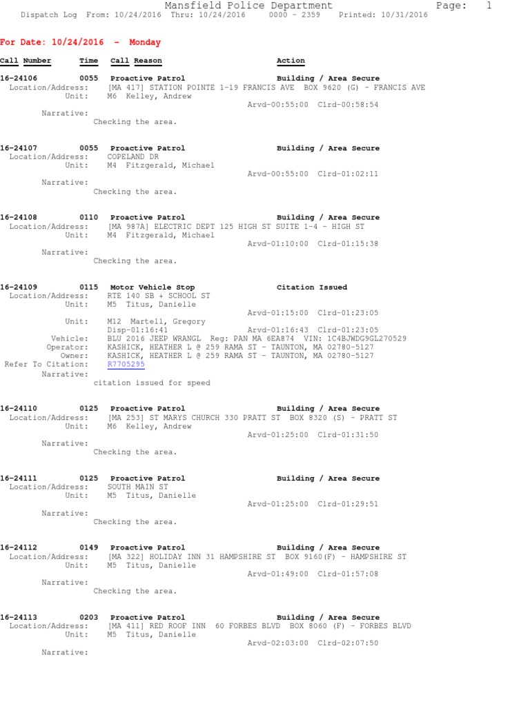 Mansfield Police Dispatch Log 10/24/16 | PDF | Vehicles | Transport
