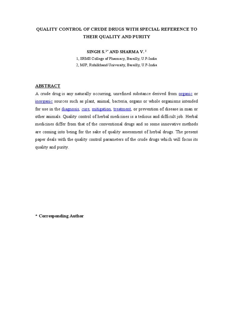 Quality Control of Crude Drugs | PDF | Herbalism | Pharmaceutical Drug
