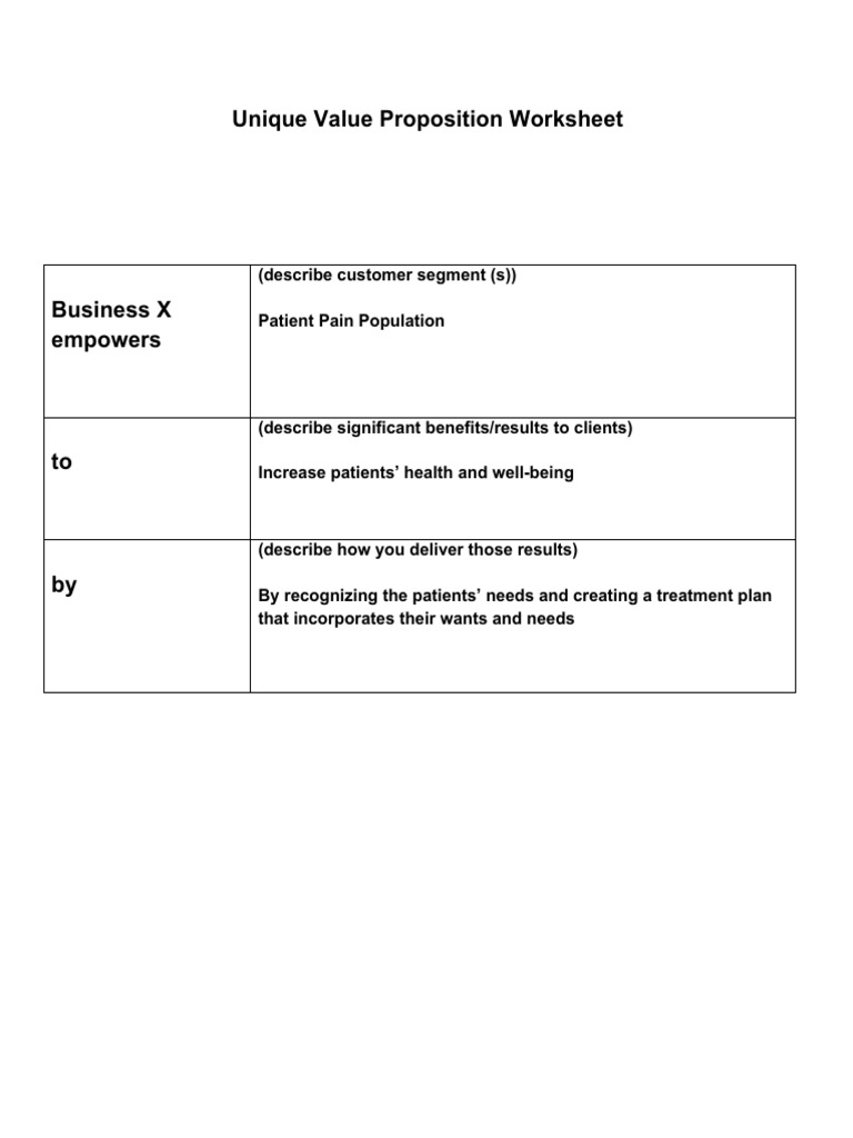 Unique Value Proposition Worksheet | PDF | Patient | Medical Specialties
