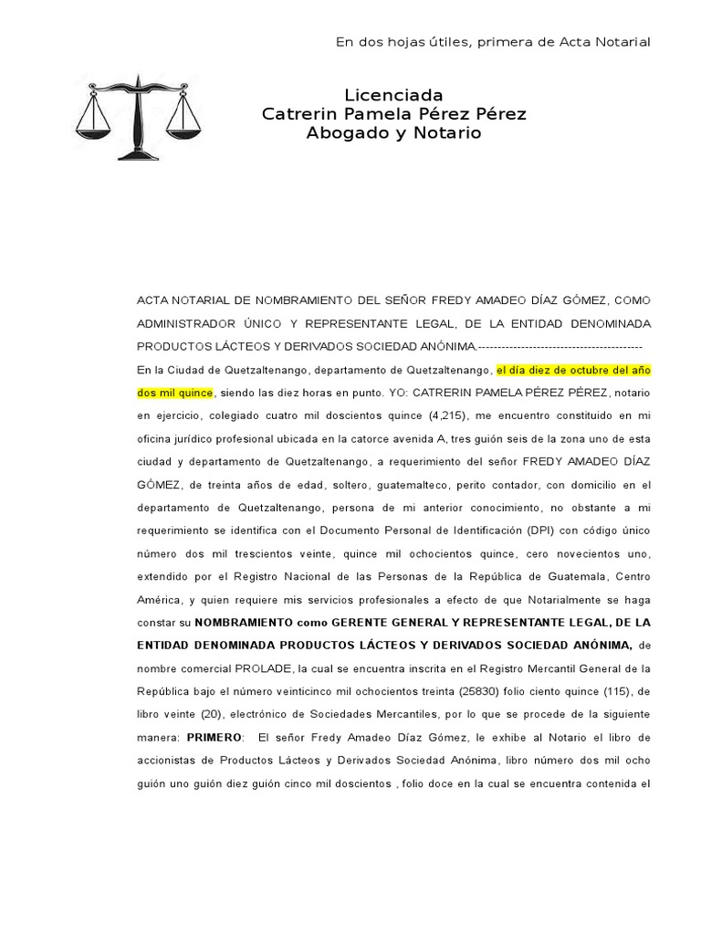 Acta Notarial de Representante Legal (Fredy) | PDF | Gobierno