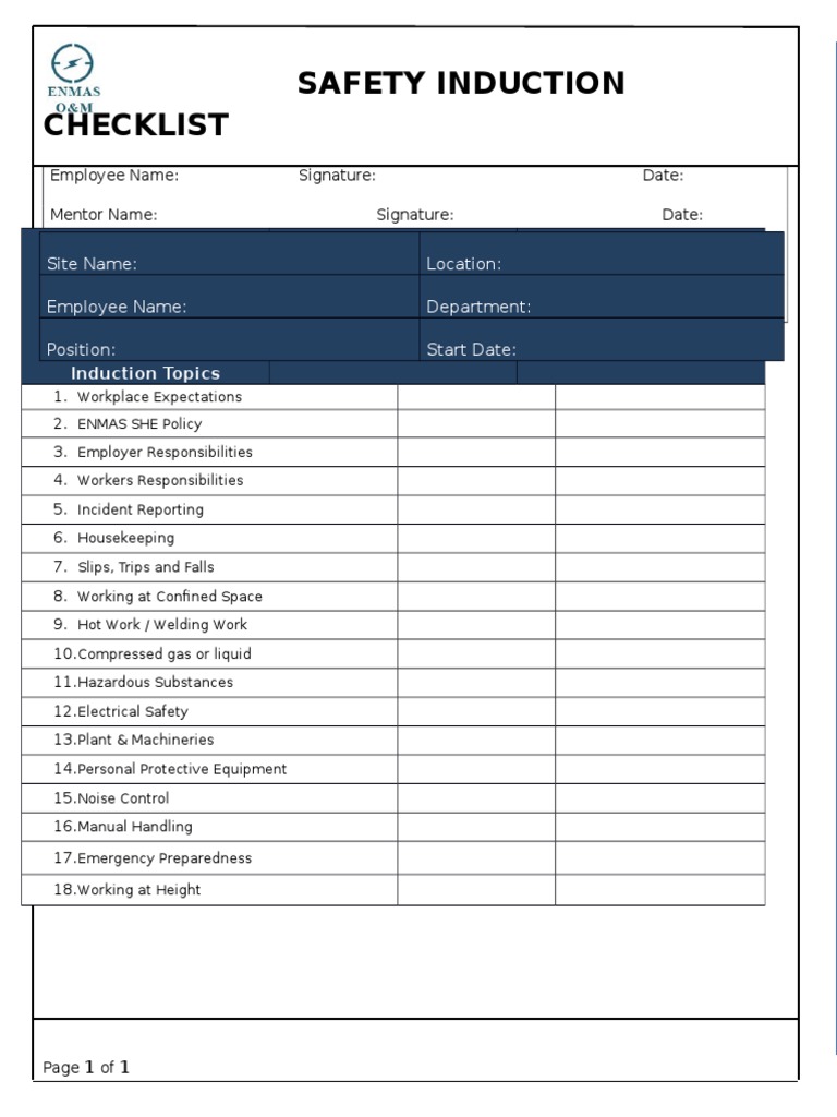 Safety Induction Checklist | PDF | Law | Science & Mathematics