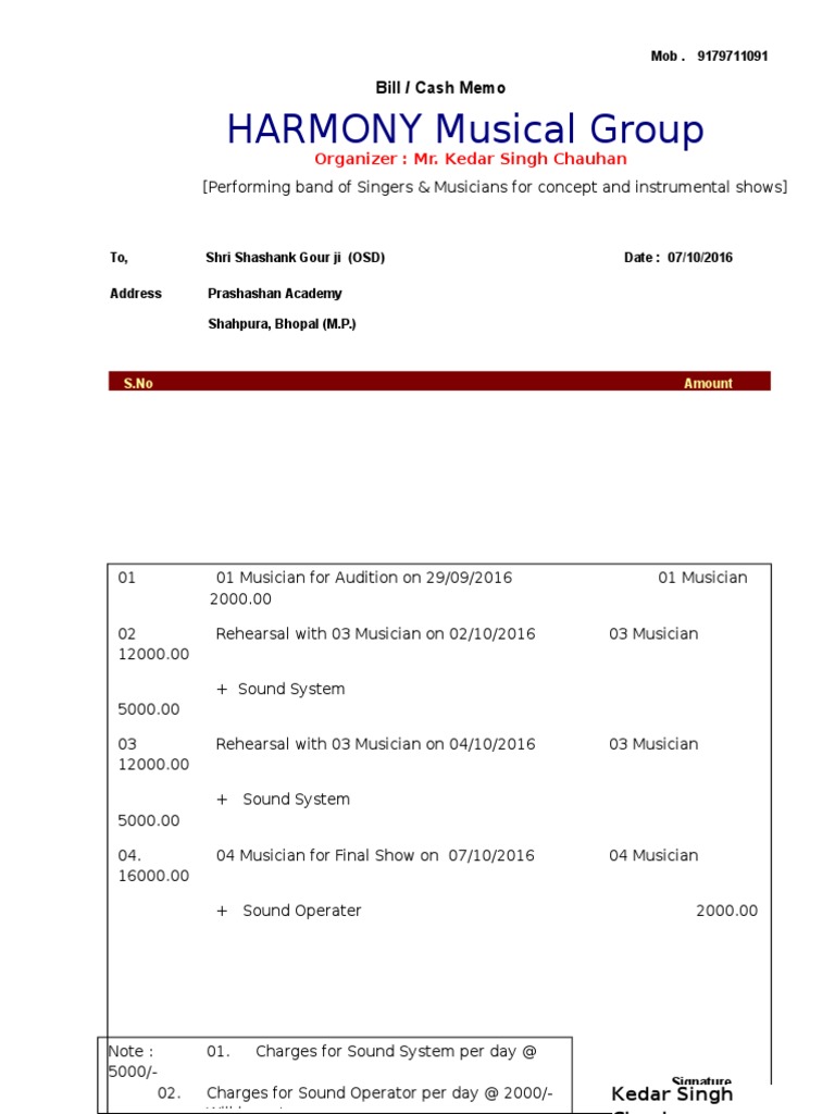 Invoice for Musical Performances and Rehearsals by Harmony Musical ...