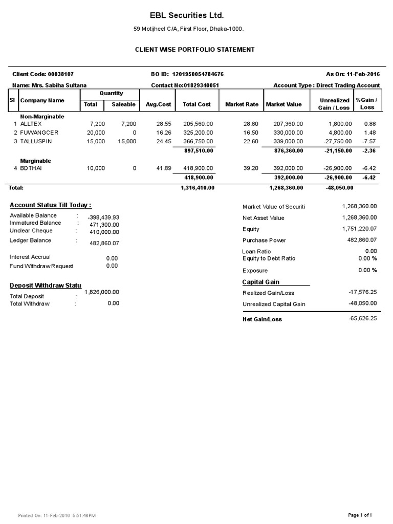 EBL Securities LTD.: Client Wise Portfolio Statement | PDF