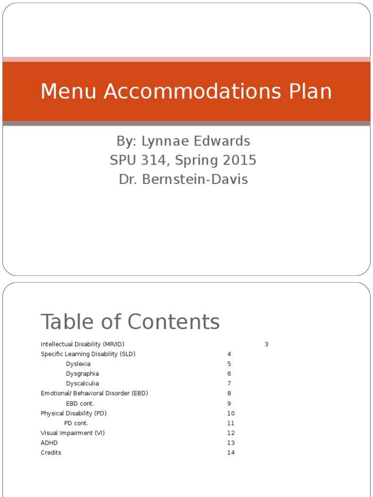 Spu 314 Menu Accomodations Plan | PDF | Learning Disability | Attention ...