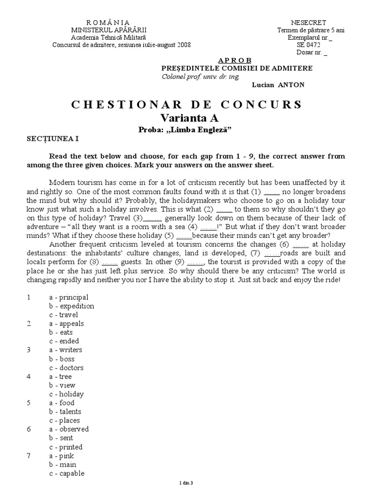 Chestionar Standard Model - Engleza - 2008 Var A | PDF