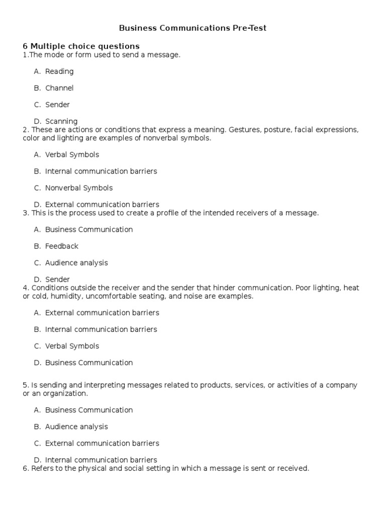 Business Communication Pre-Test Questions | PDF
