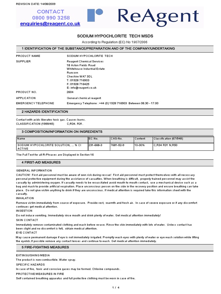 Sodium Hypochlorite Technical MSDS | PDF | Chlorine | Safety