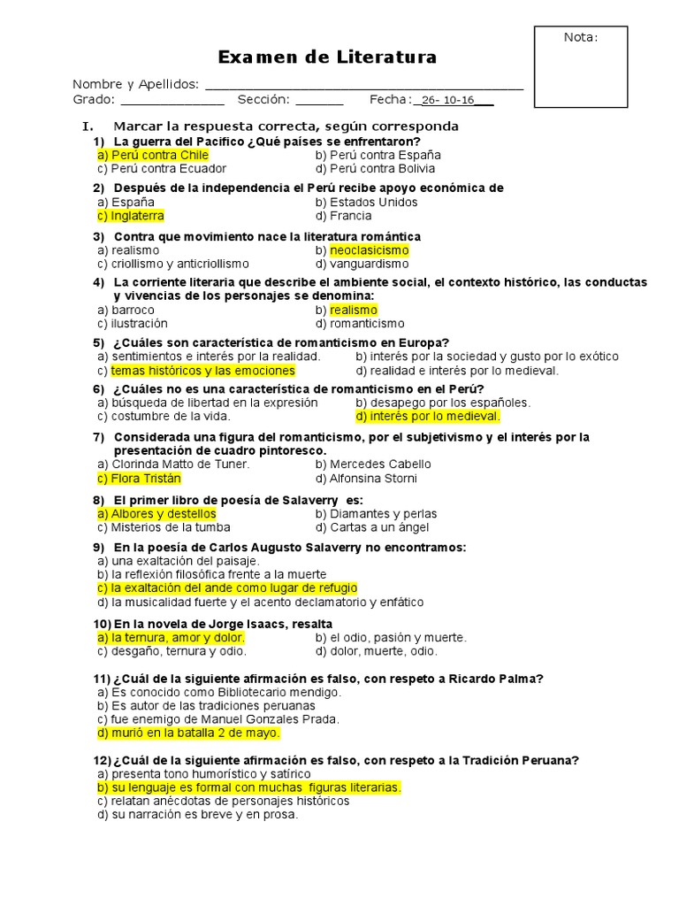 Examen de Literatura 02 | PDF | Romanticismo | Realismo literario