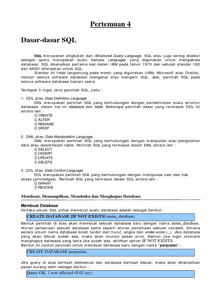 Pertemuan 4 Dasar-Dasar SQL | PDF