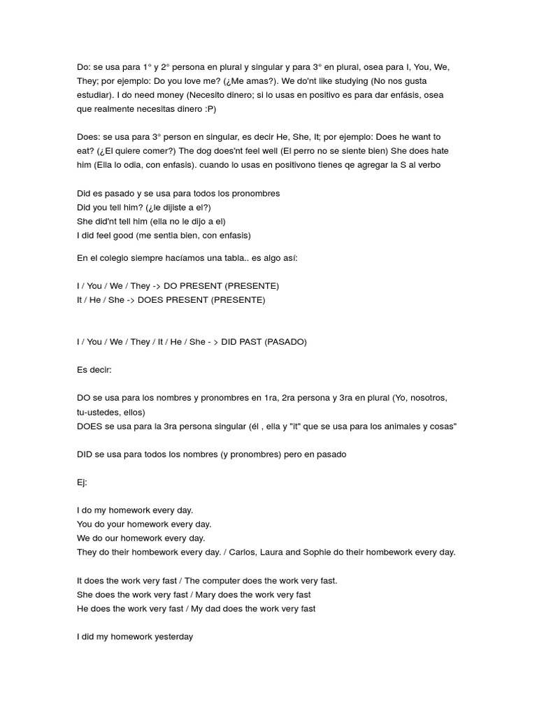 Uso de los auxiliares DO, DOES y DID en inglés | PDF | Reglas ...
