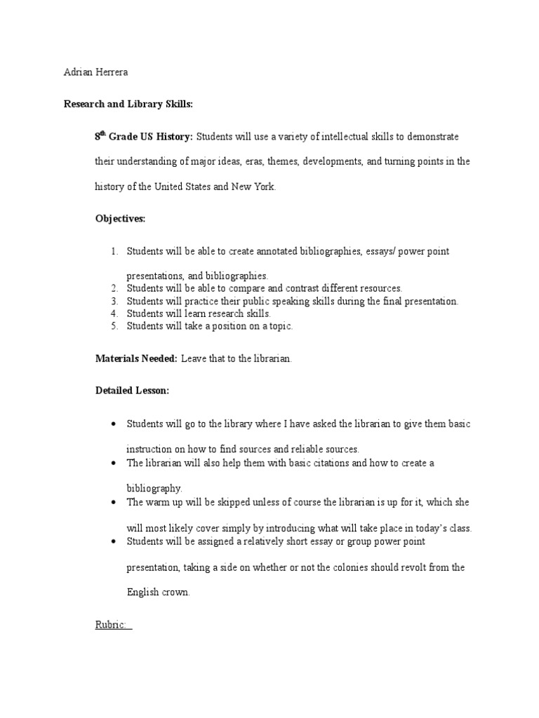 Research and Library Skills: 8 Grade US History: Students Will Use A ...