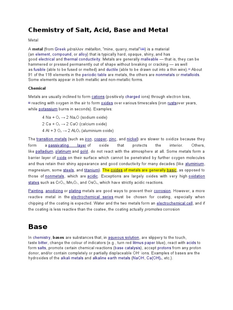 Chemistry of Salt, Acid, Base and Metal: Chemical | PDF | Acid | Metals