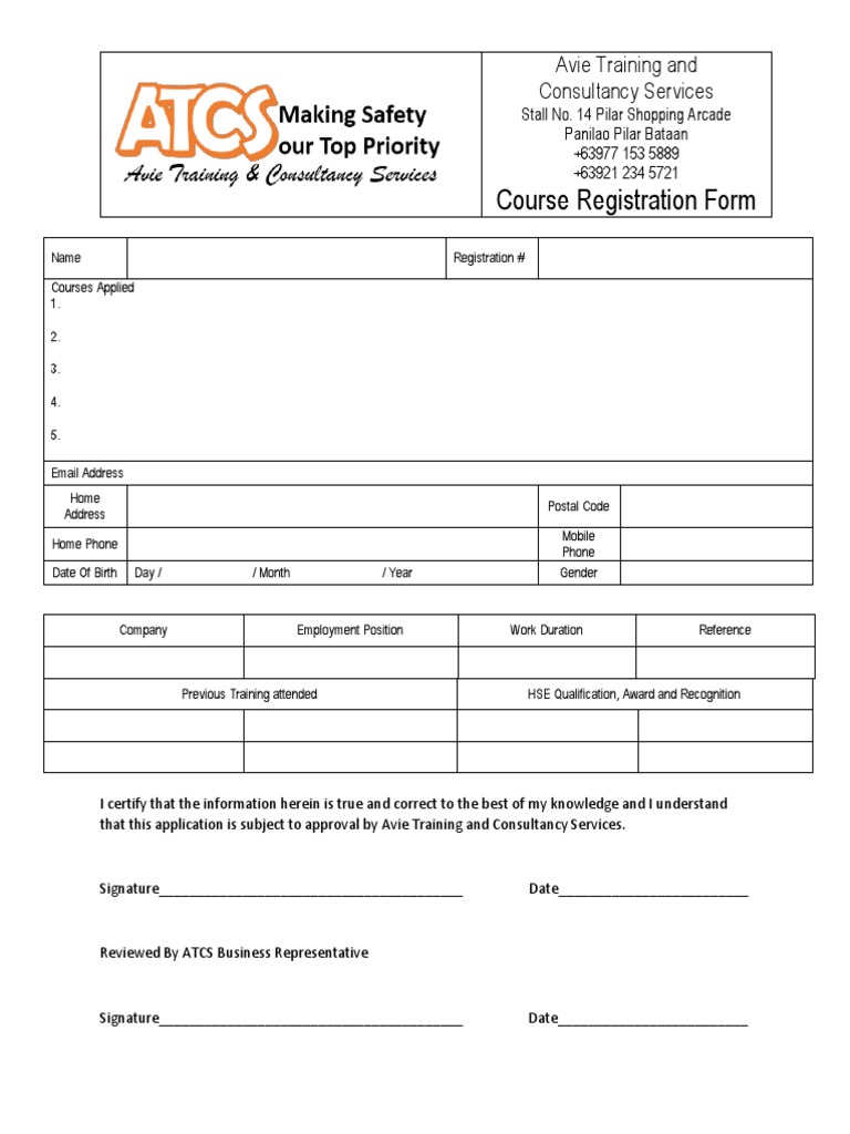 Course Registration Form: Avie Training and Consultancy Services | PDF