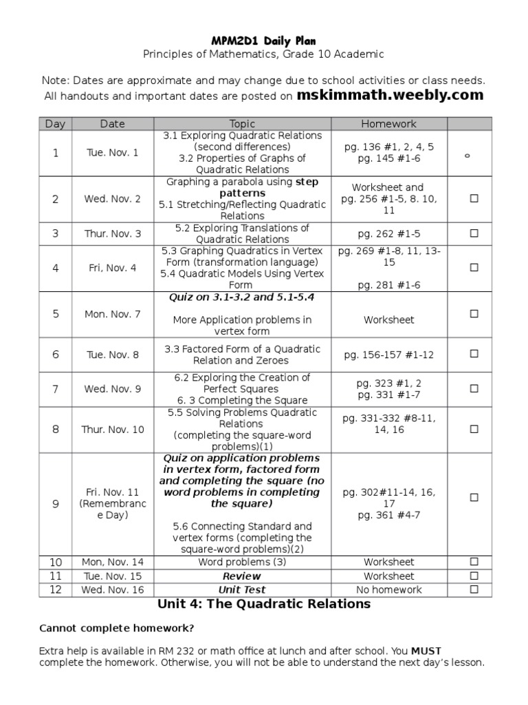 mpm2d1 Unit 4 Daily Plan | PDF