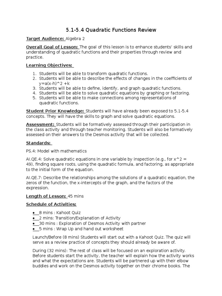 Algebra 2 Lesson Plan 5 1-5 4 | PDF | Quadratic Equation | Equations
