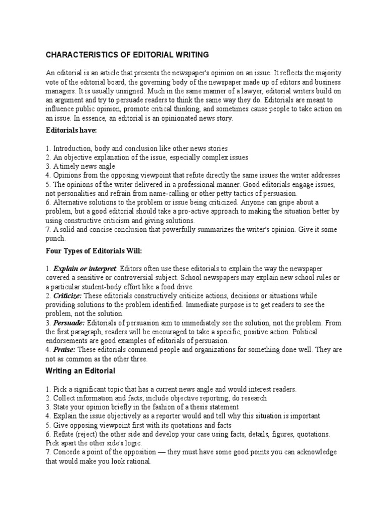Characteristics of Editorial Writing | PDF | Persuasion | Writers