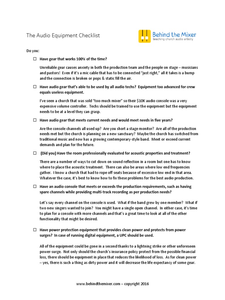 The Audio Equipment Checklist | PDF | Microphone | Recording