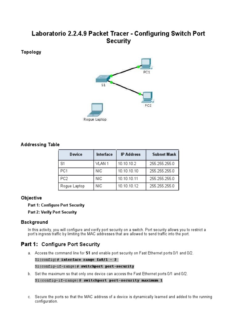 2.2.4.9 Packet Tracer - Configuring Switch Port Security Instructions - IG | PDF | Network ...