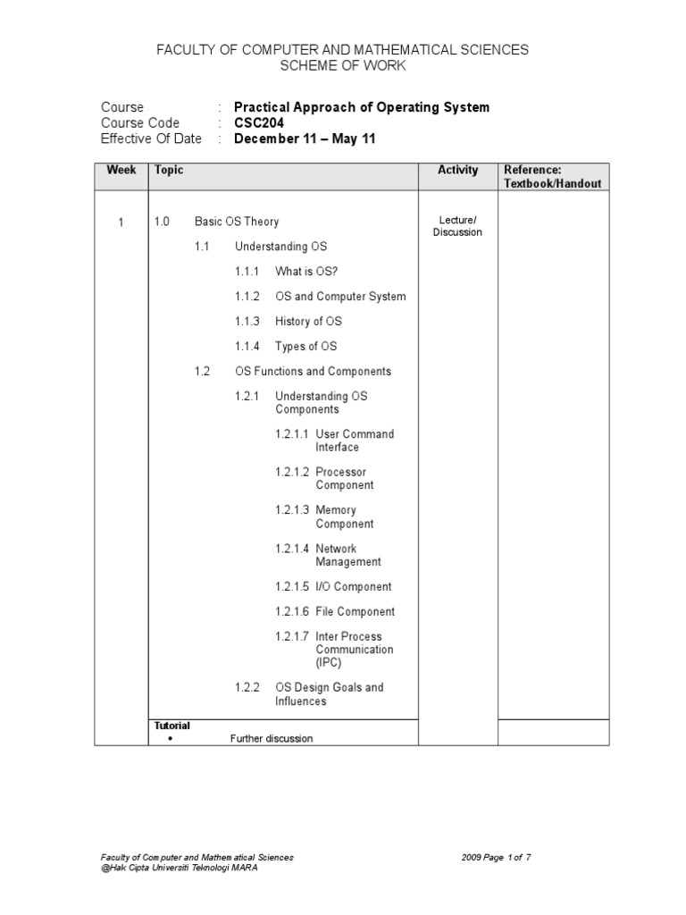 Scheme of Work CSC204 | PDF | Operating System | Graphical User Interfaces