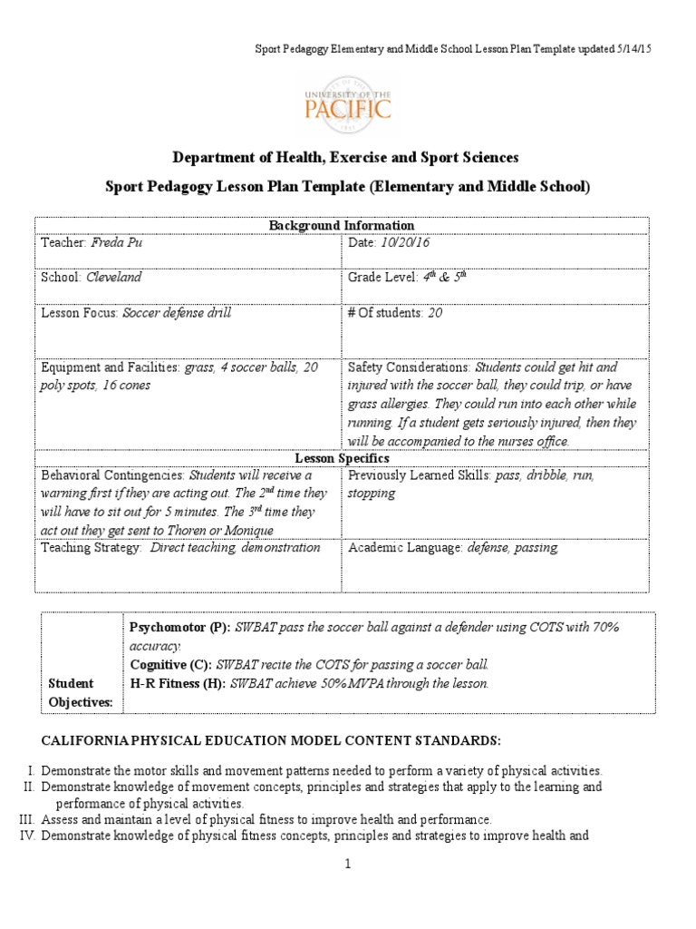 Department of Health, Exercise and Sport Sciences Sport Pedagogy Lesson ...