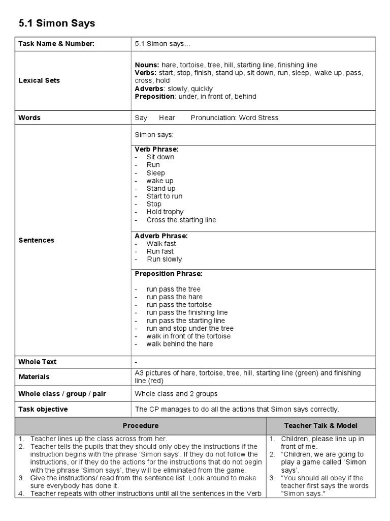 5.1 Simon Says | PDF | Adverb | Preposition And Postposition