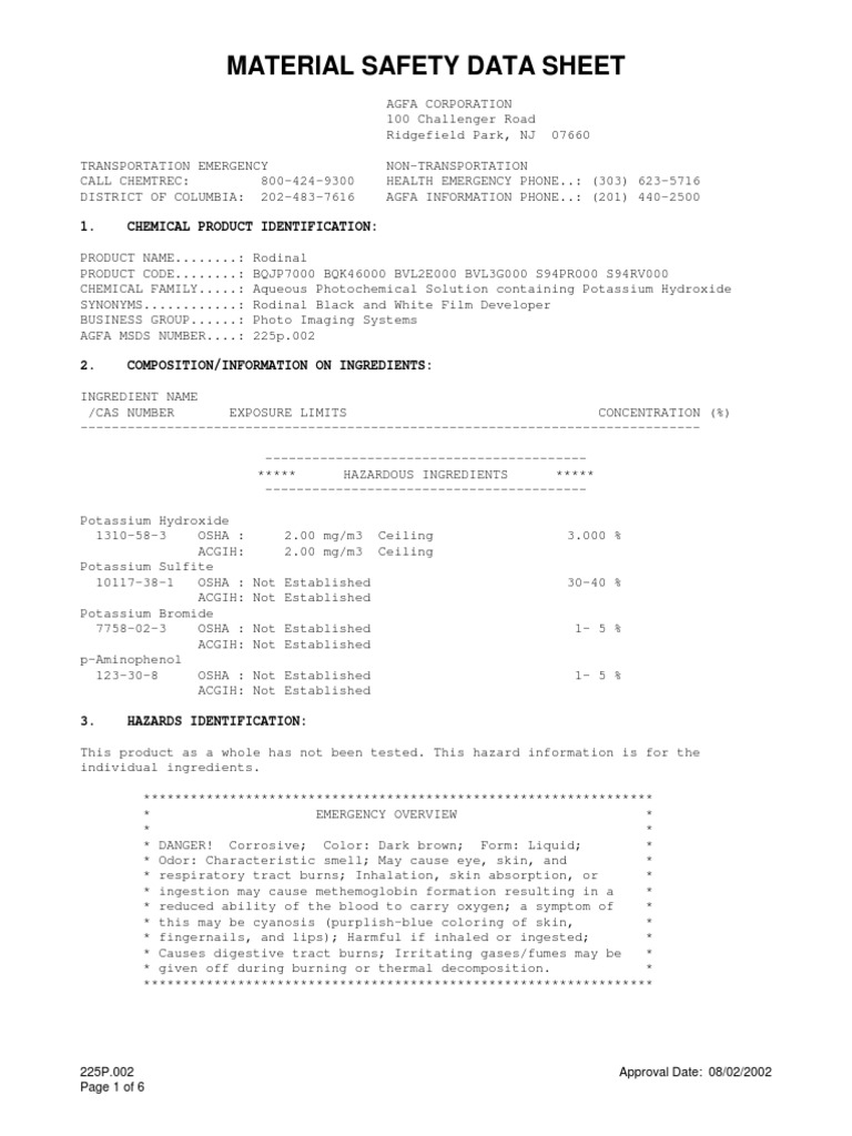 Agfa Rodinal MSDS | PDF | Dangerous Goods | Chemistry