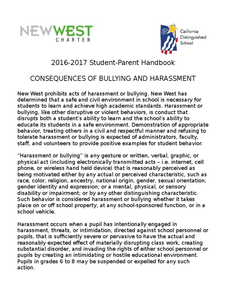 2016-2017 Student-Parent Handbook Consequences of Bullying and ...