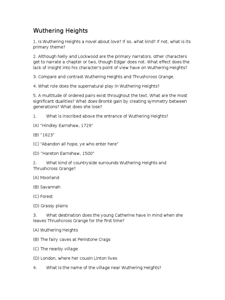 Novels Questions Quizes | PDF | Heathcliff (Wuthering Heights ...