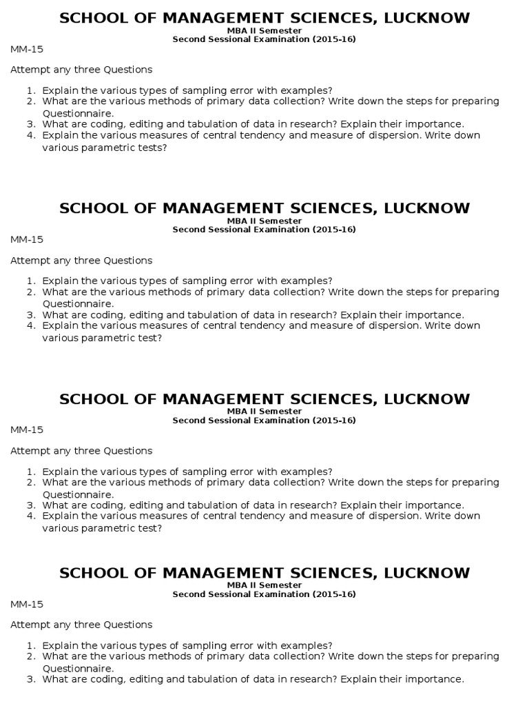 MBA II Semester Second Sessional Examination (2015-16) | PDF