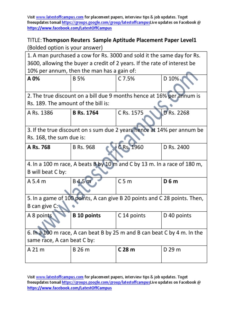 Thompson Reuters Sample Aptitude Placement Paper Level1 PDF | PDF | Teaching Methods & Materials