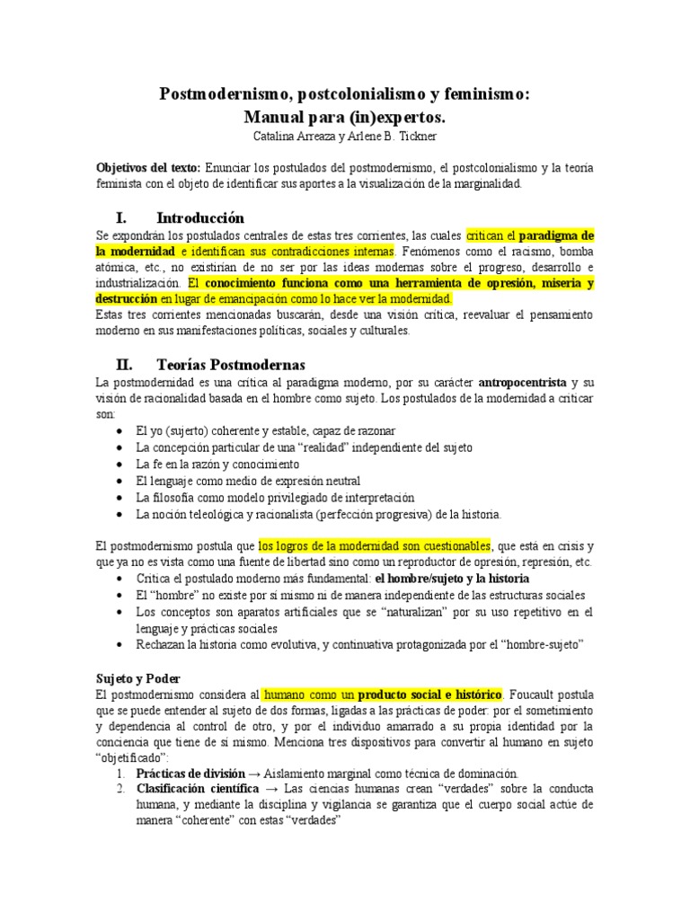Resumen "Postmodernismo, Postcolonialismo y Feminismo: Manual para (In ...