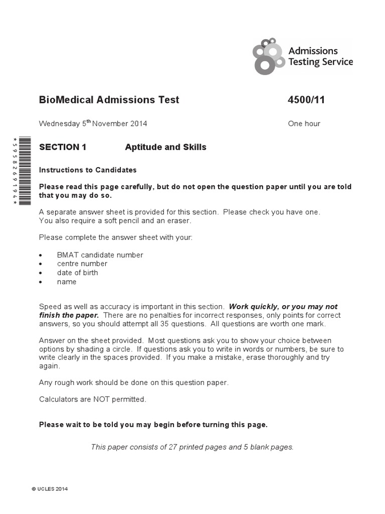 Specimen Bmat 2014 Section 1 Question Paper | PDF | Dementia | Influenza