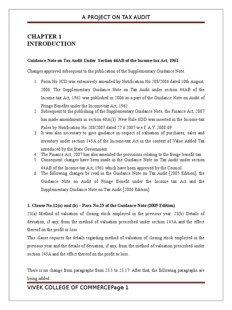 A Project On Tax Audit: Guidance Note On Tax Audit Under Section 44AB ...