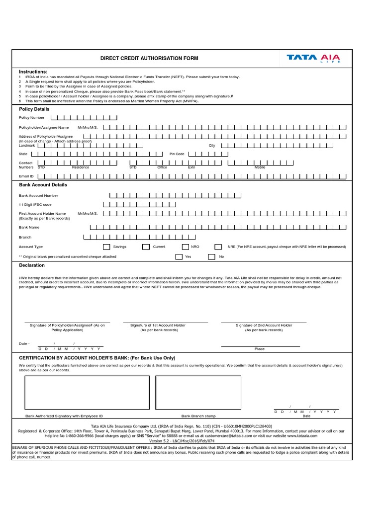 Direct Credit Authorisation Form: Instructions | PDF
