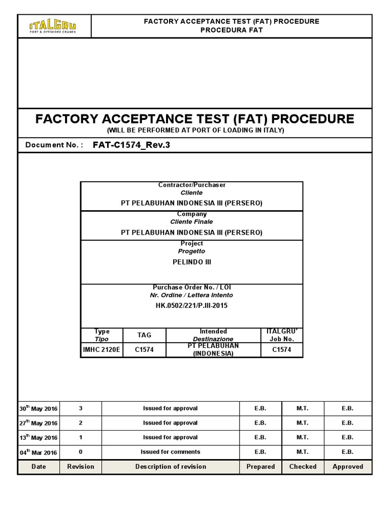 2.5 - FAT - C1574 - FAT Procedure PDF | PDF | Crane (Machine) | Elevator