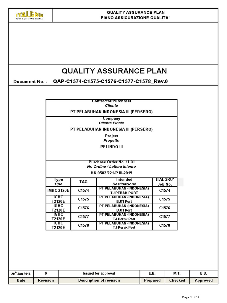 2.7 - QAP - Quality Assurance Plan PDF | PDF | Crane (Machine) | Evaluation