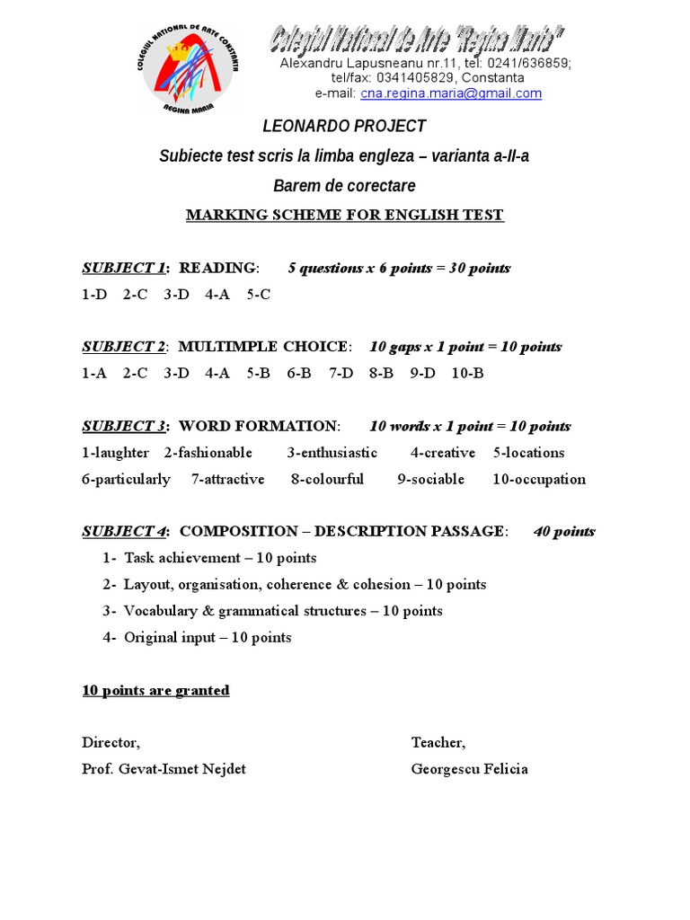 Marking Scheme For English Test | PDF