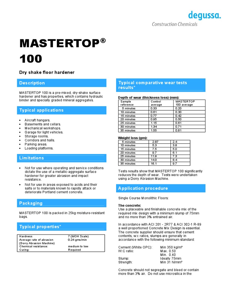 TDS - Mastertop 100 | PDF | Wear | Concrete