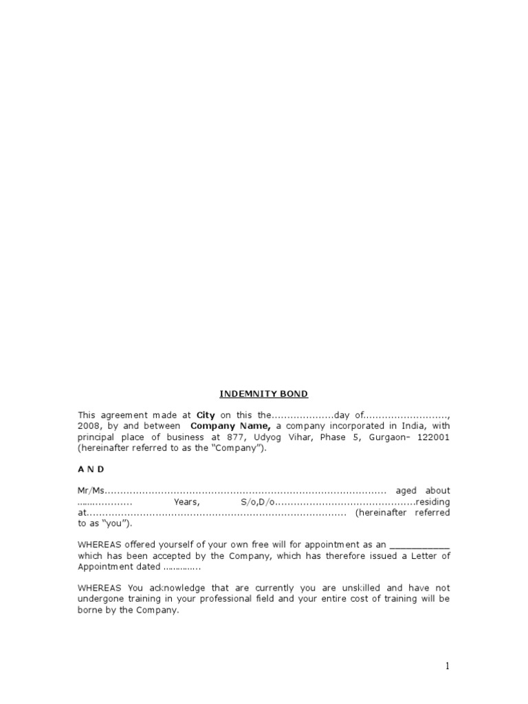 Indemnity Bond - Format | PDF | Damages | Specific Performance