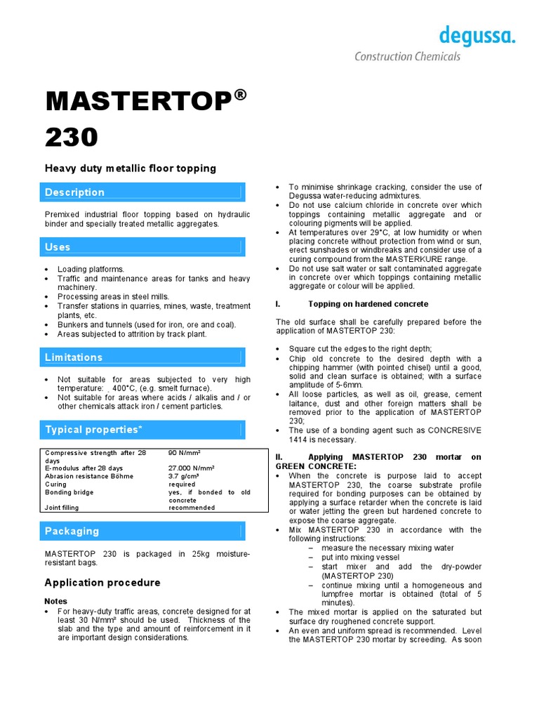 TDS - Mastertop 230 | PDF | Concrete | Manmade Materials