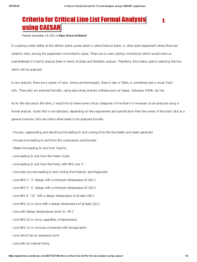 Critical Line List for Pipe Stress Analysis | PDF | Pipe (Fluid ...
