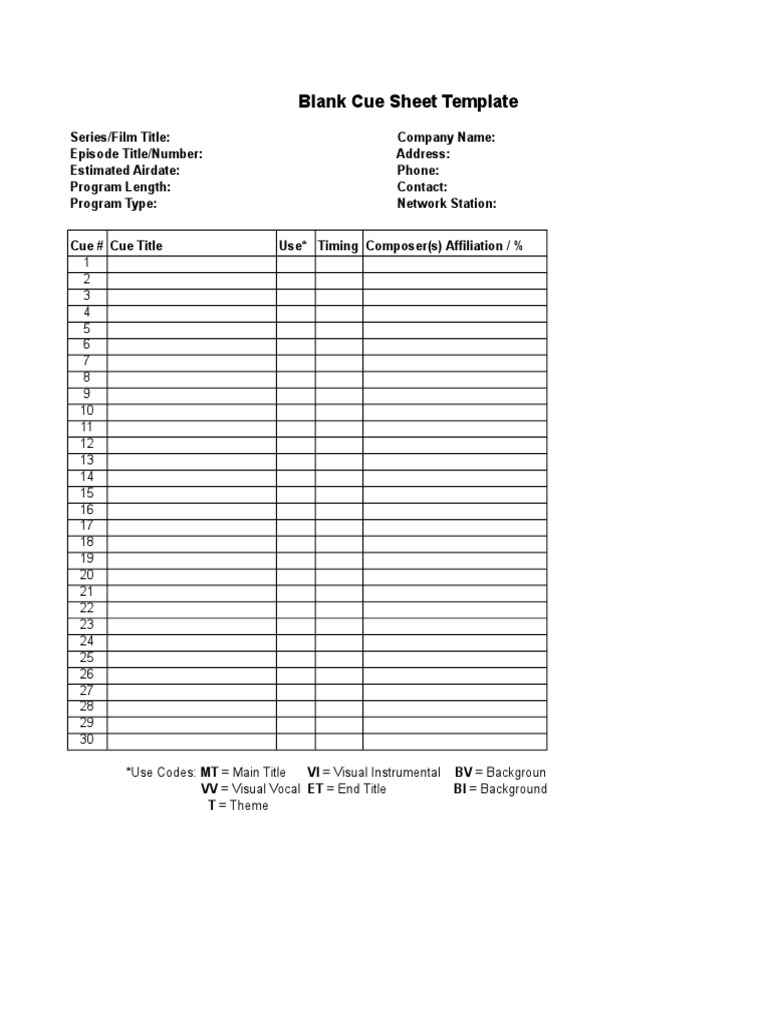 Blank Cue Sheet | PDF