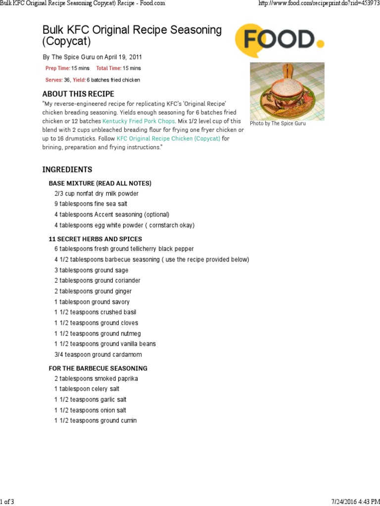 Bulk KFC Original Recipe Seasoning Copycat) Recipe - Food PDF | PDF ...